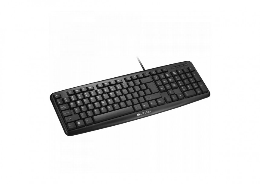 CANYON KB-1, Wired Keyboard, 104 keys, USB2.0, Black, cable length 1.5m, 443*145*24mm, 0.37kg, Adriatic