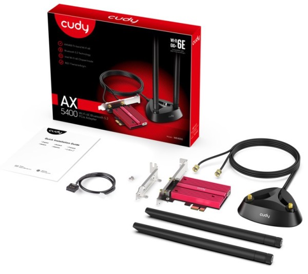 Cudy WE4000 AX5400 Wi-Fi 6/6E Bluetooth 5.2 PCIe Adapter, Tri-Band 2,4G/5G/6G, 2x5dBi Antenna