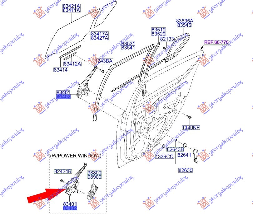 PODIZAC ZADNJEG PROZORA ELE.BEZ MOTO (O) Desna str. HYUNDAI i20 (2008-2012) (OEM: 83403-1J010, 834031J010)