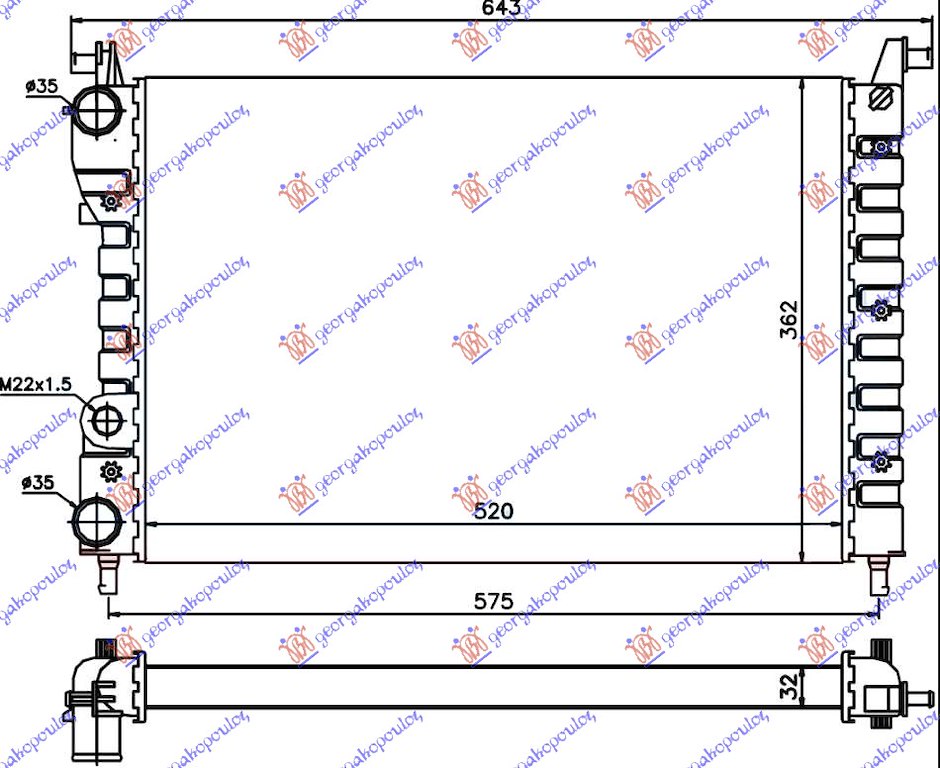 HLADNJAK MOTORA 1.2 BENZIN (52.2×37.2×32)-00 FIAT PALIO (1999-2004) (OEM: 46449104)