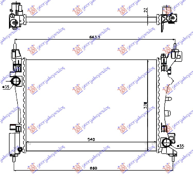 HLADNJAK MOTORA SVI MODELI BENZIN M/A +/-AC (54×37.5) FIAT GRANDE PUNTO (2005-2012) (OEM: 51864284, 55700447)