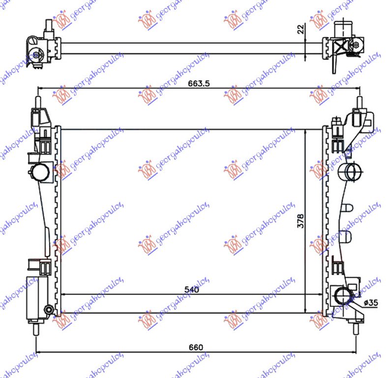 HLADNJAK MOTORA BENZ.+/-A/C(54×37.5)CEVI DESNO OPEL CORSA D (2006-2015) (OEM: 1300279, 13399871, 55701408)