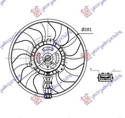 VENTILATOR (MOT+ELISA)280mm 2PIN KOCKASTI DZEK . VW TRANSPORTER (T4) (1991-1996) (OEM: 701959455AE, 701959455AM, 701959455C)