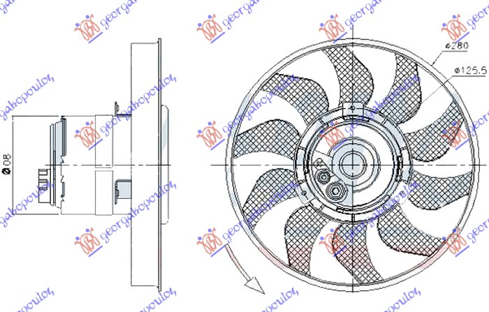 VENTILATOR (MOTOR+ELISA) 2P 280mm BEZ KABL VW TRANSPORTER (T4) (1991-1996) (OEM: 701959455F, 701959455J)