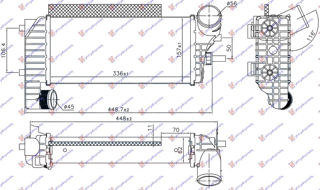 HLADNJAK INTERCOOLERA 1.6-1.8-2.0 TDCi-2.5 B (60x128x5) FORD KUGA (2013-2016) (OEM: 1231015, 1316496, 1353523)