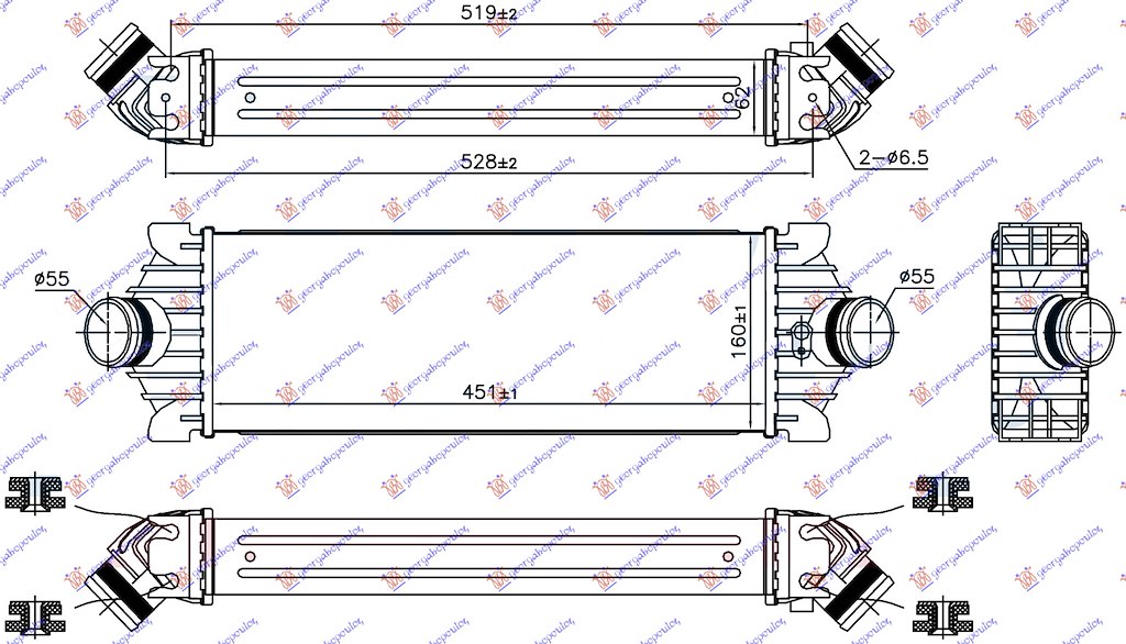 HLADNJAK INTERCOOLERA 2.2 TDCI (451x160x62) FORD TRANSIT/TOURNEO CUSTOM (2018-) (OEM: 1748579, 1748585, 1771034)