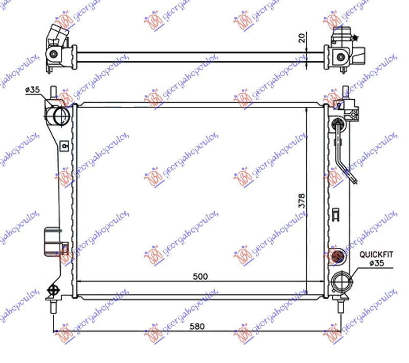 HLADNJAK MOTORA 1.2 1.4 1.6I AUTO.BENZ(500×380 HYUNDAI i20 (2008-2012) (OEM: 253101J050, 253101J500, 253104P050)