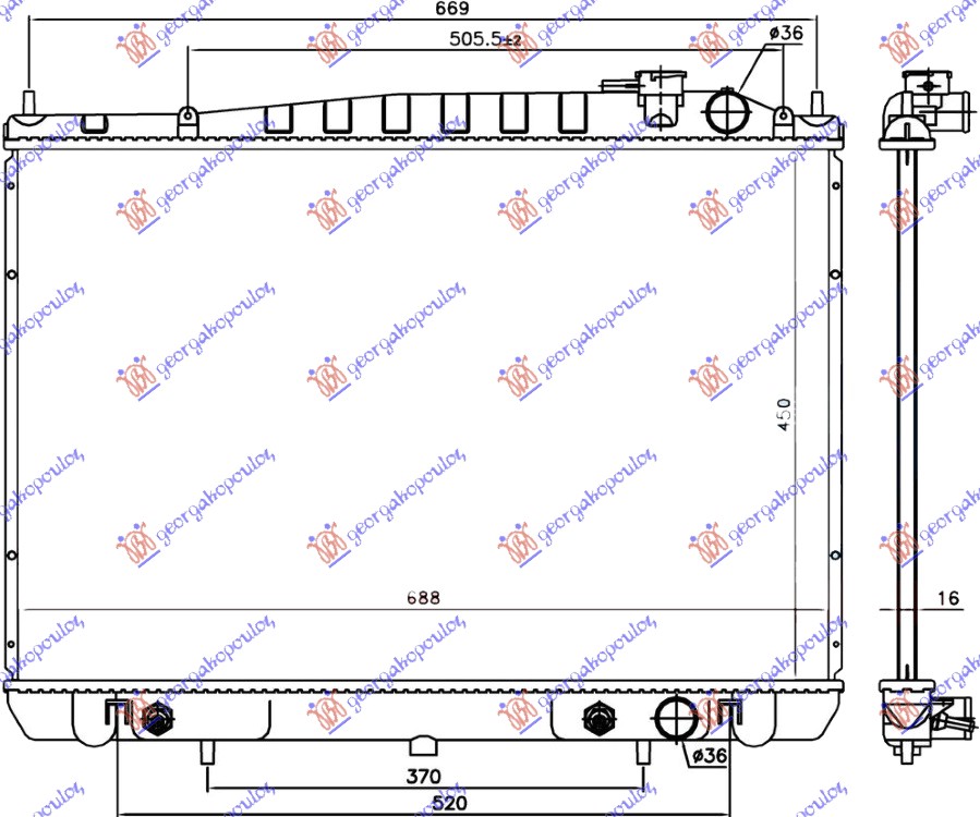 HLADNJAK MOTORA BENZIN 2.4i-16V AUTOMATIK (45×68.6×1.6) NISSAN P/U (D22) 2WD-4WD (1998-2001) (OEM: 21460-VJ200, 21460-VJ210, 21460-VJ600)