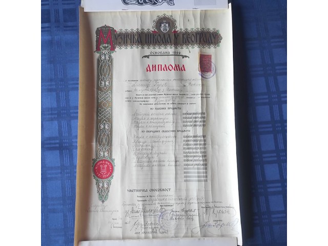 Muzička škola Mokranjac, diploma 1938.god