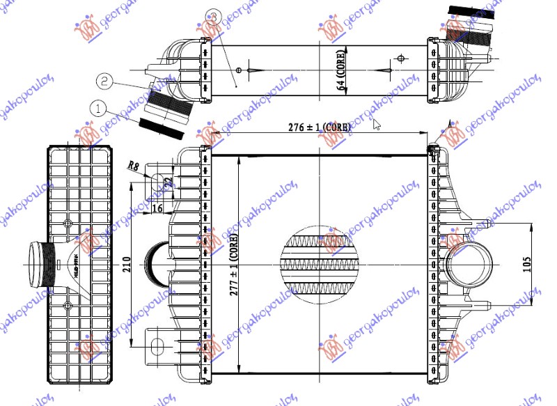 HLADNJAK INTERKULER BENZIN -DIZ (276x276x64) RANGE ROVER (2012-2019) (OEM: LR036432)