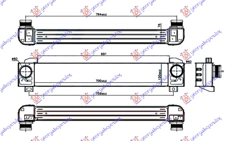 HLADNJAK INTERKULERA 1.6 THP BENZIN (700x120x76) PEUGEOT 308 (2008-2013) (OEM: 1440R9)