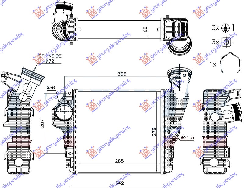 HLADNJAK INTERKULER BENZIN 3 0 -3.6 (285x279x62) Desna str. PORSCHE MACAN (2014-2018) (OEM: 95B145804A, 95B145804B)