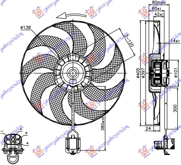 VENTILATOR (MOTOR+ELISA) 400mm 4PIN 1.4-1.6-1.8 CHEVROLET CRUZE (2009-2013) (OEM: 1341050, 1341069, 1341072)