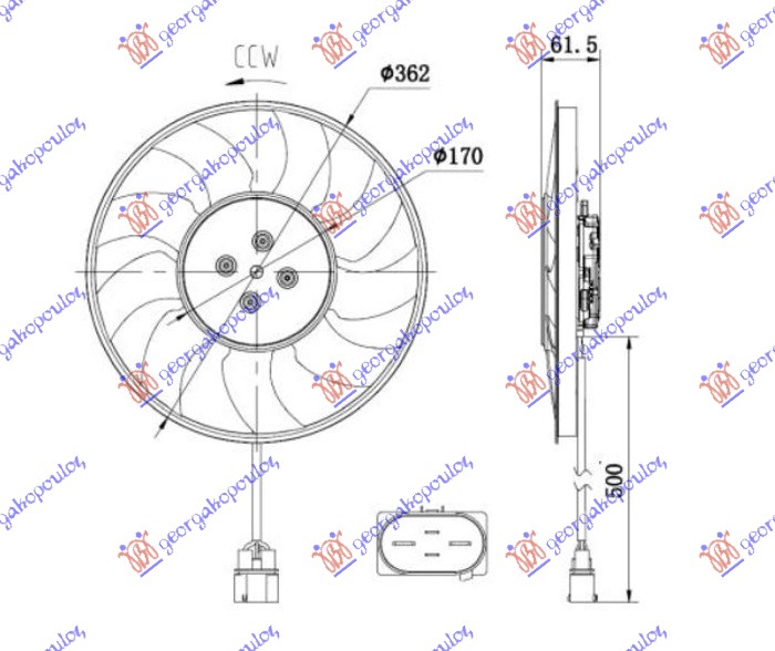 VENTILATOR 2.0 – 3.0B 2.0 – 3.0 D 370mm 4P LEVO AUDI A7 (2018-) (OEM: 8W0959455A, 8W0959455AD, 8W0959455K)