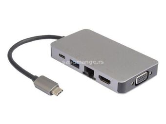 E-GREEN Adapter Type-C na HDMI + VGA + 2xUSB 3.0 + RJ45 + Type-C/ bela