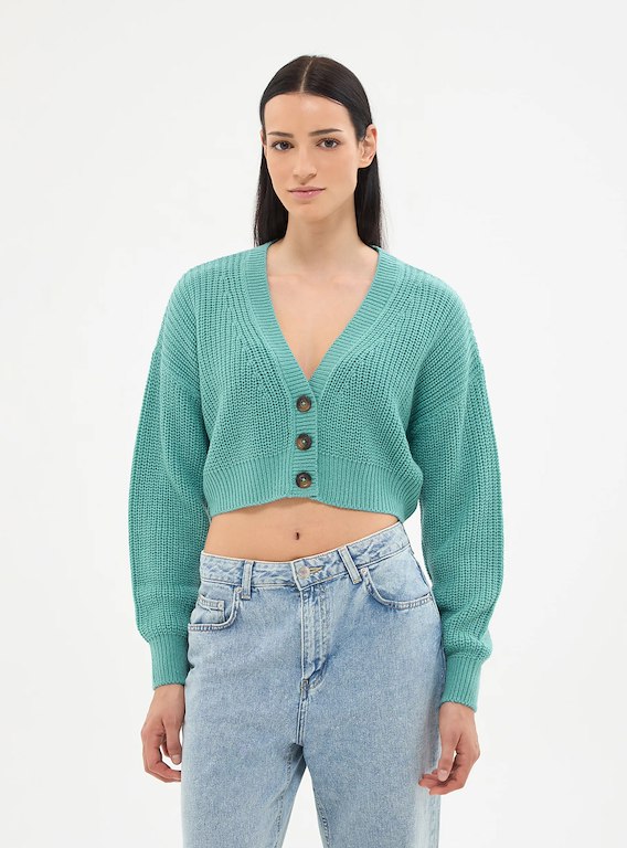 Wide-fit cropped English rib-knit cardigan Tirkizna