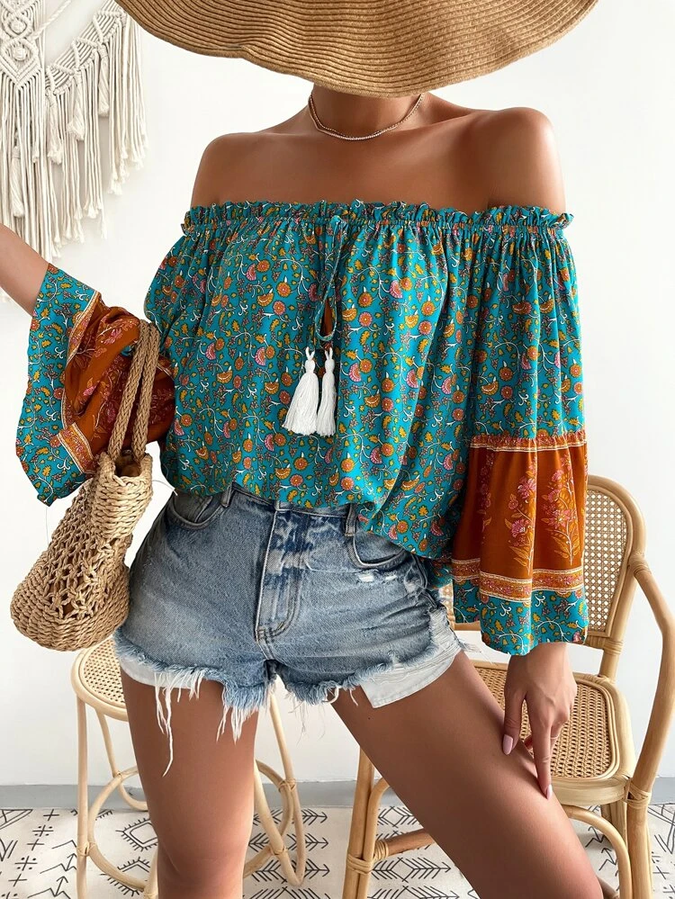 Allover Floral Print Off The Shoulder Tassel Tie Front Blouse