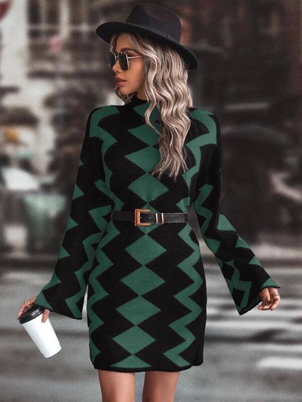 Argyle Pattern Drop Shoulder Jumper Dress Without Belt