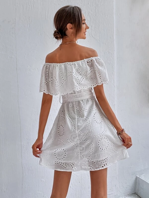 Eyelet Embroidery Off Shoulder Ruffle Trim Belted Dress