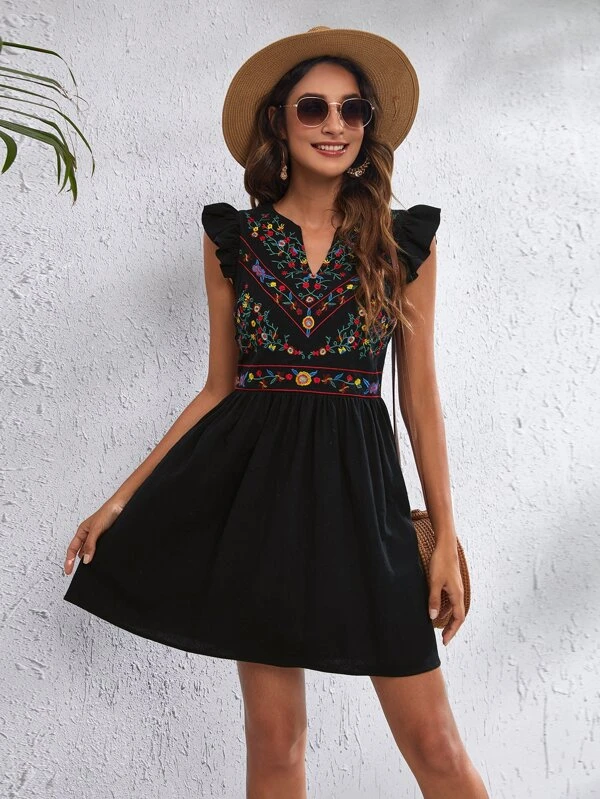 Floral Embroidered Butterfly Sleeve Dress