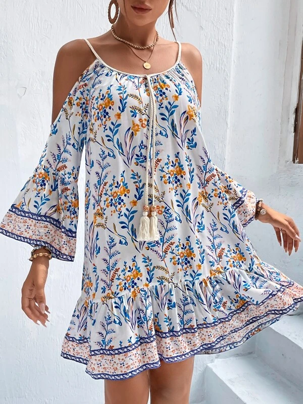 Floral Print Cold Shoulder Tassel Knot Front Ruffle Hem Dress