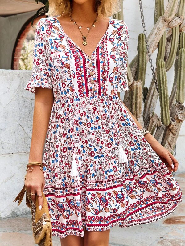 Floral Print Flounce Sleeve Tassel Tie Neck Ruffle Hem Dress