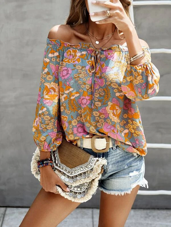 Floral Print Off Shoulder Lantern Sleeve Knot Front Blouse