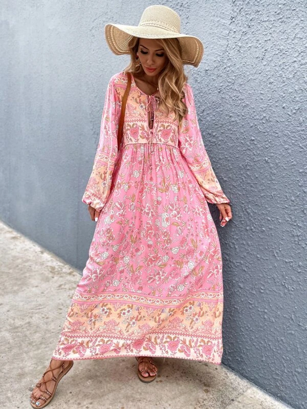 Floral Print Tie Neck Smock Dress