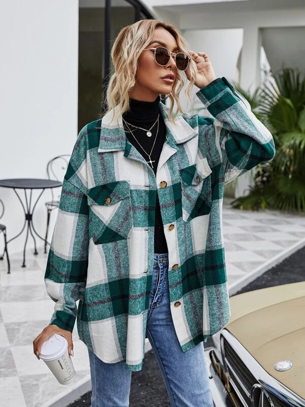 Frenchy Plaid Button Front Oversized Overshirt