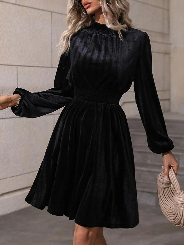 Frilled Neck Lantern Sleeve Velvet Dress