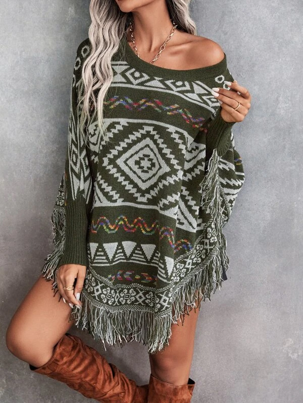 Geo Pattern Fringe Trim Batwing Sleeve Knit Poncho