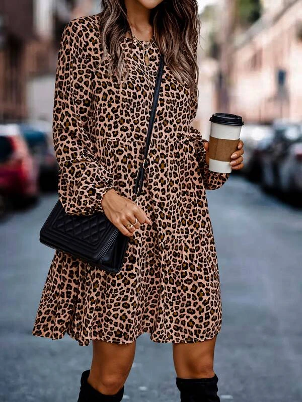 Leopard Print Keyhole Back Ruffle Hem Smock Dress