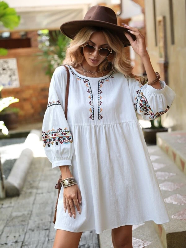 VCAY Embroidery Lantern Sleeve Smock Dress