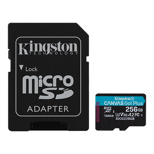 Kingston SDCG3/256GB MicroSD 256GB, Canvas Go! Plus, Class10 UHS-I U3 V30 A2, Read up to 170MB/s, Write up to 90MB/s, for 4K and FullHD video recording, w/SD adapter