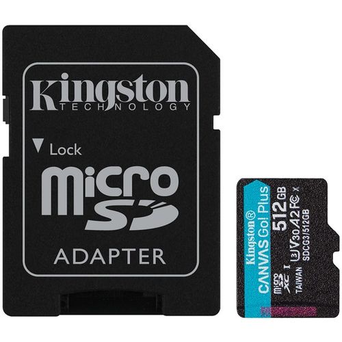 Kingston SDCG3/512GB MicroSD 512GB, Canvas Go! Plus, Class10 UHS-I U3 V30 A2, Read up to 170MB/s, Write up to 90MB/s, for 4K and FullHD video recording, w/SD adapter