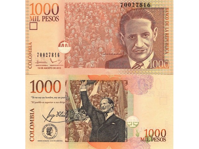 COLOMBIA Kolumbija 1000 Pesos 2015 UNC, P-456