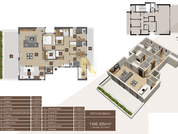 Urbana vila na Telepu, petosoban stan 156.55m2 + terasa od 33.29m2