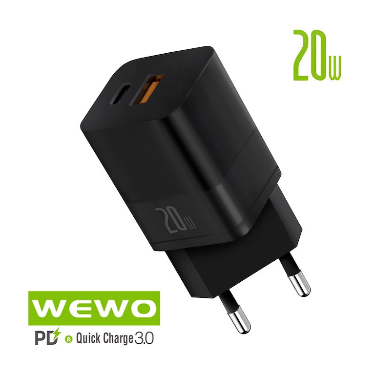 WEWO i12 PD+USB Punjač QC 20W/3A crni