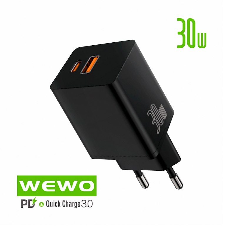 WEWO i13 PD+USB Type-C Punjač QC 30W/3A crni