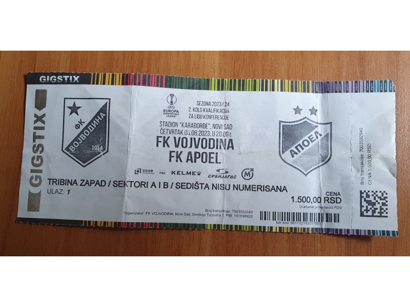 Ulaznica FK Vojvodina - APOEL UEFA 2023