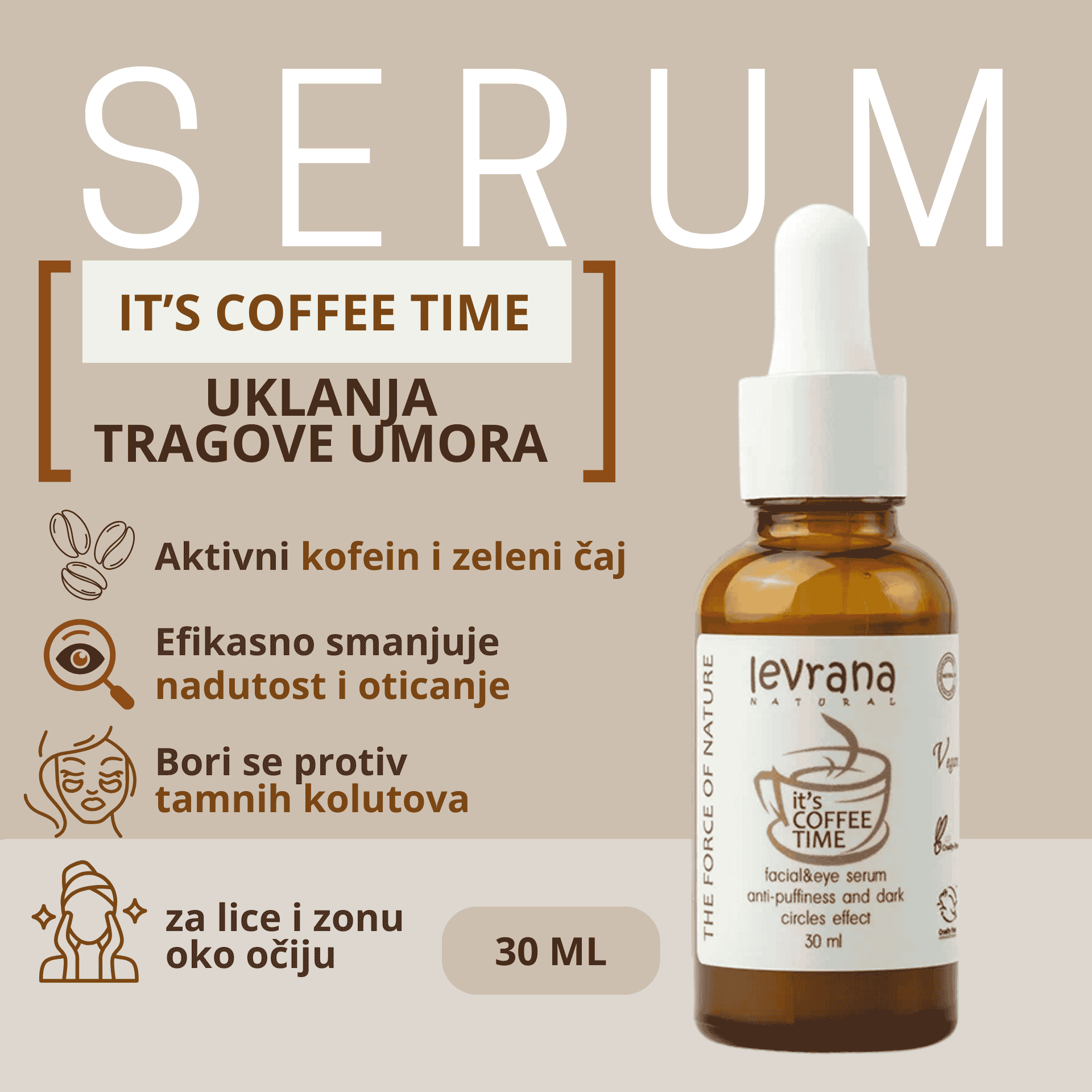 LEVRANA serum za lice i predeo oko očiju protiv otoka i tamnih kolutova IT’S COFFEE TIME 30 ml