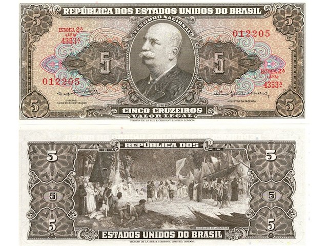 BRAZIL 5 Cruzeiros 1964 UNC, P-176