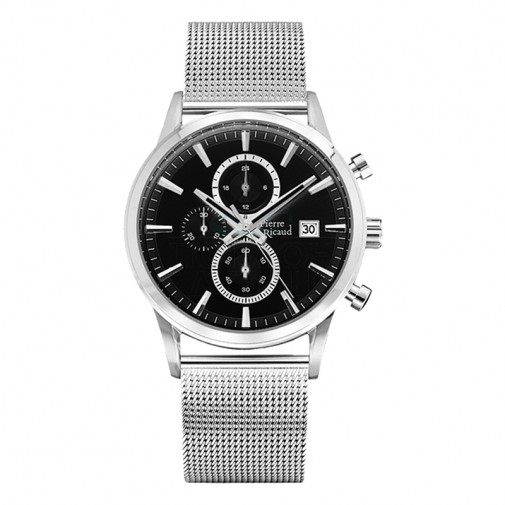 Muški Pierre Ricaud Chronograph Crni Srebrni Elegantni Ručni Sat Sa Srebrnim Pancir Kaišem