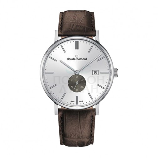 Muški Claude Bernard Classic Slim Line Small Seconds Srebrni Elegantni Ručni Sat Sa Braon Kožnim Kaišem