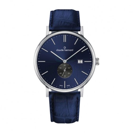 Muški Claude Bernard Classic Slim Line Small Seconds Plavi Srebrni Elegantni Ručni Sat Sa Teget Kožnim Kaišem