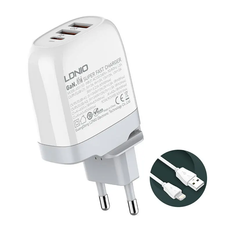 Kućni punjač LDNIO A3511Q PD, QC4+, QC3.0, PPS, 65W USB na Lightning