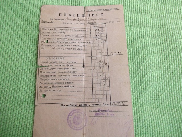 1941. platni list žandarmerijskog narednika