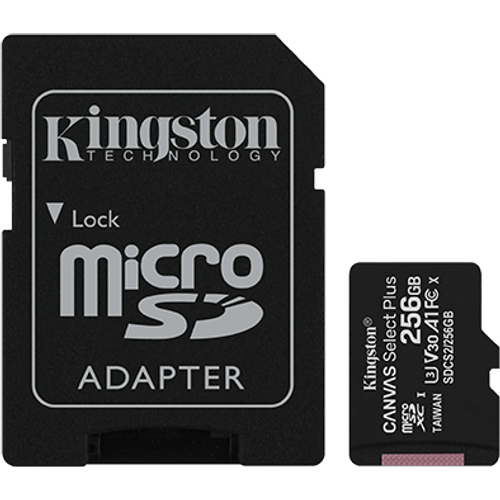 Kingston SDCS2/256GB MicroSD 256GB, Canvas Go! Plus, Class 10 UHS-I U3 V30 A1, Read up to 100MB/s, Write up to 85MB/s, w/SD adapter