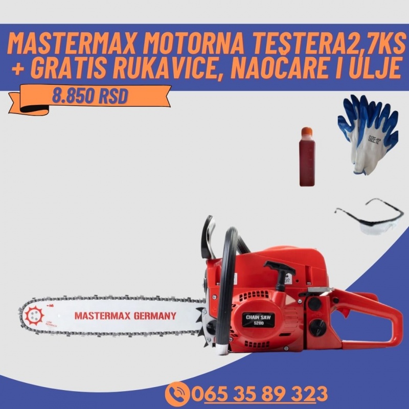 MASTERMAX Motorna testera 2, 7KS + Gratis Rukavice, Naočare i Ulje