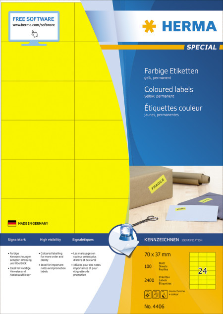 Herma etikete 70X37 A4/24 1/100 žuta ( 02H4406 )